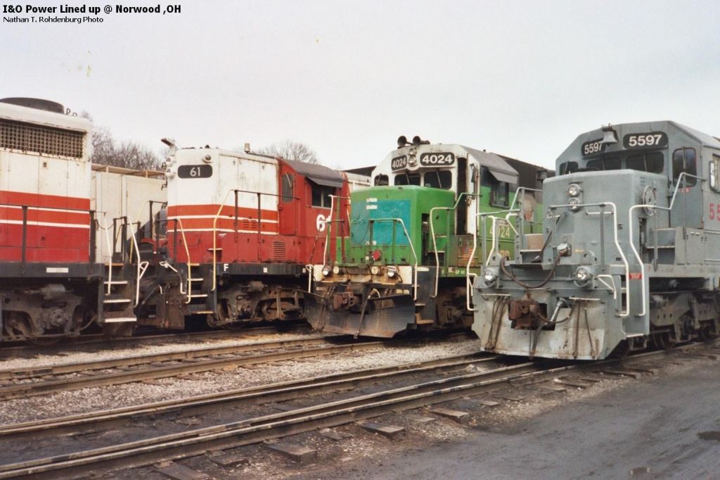 IORY GP9 #61, CORP GP40 #4024, and NREX SD40-2 #5597